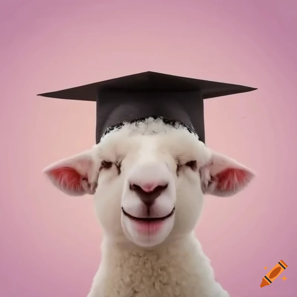 A cute yearling sheep graduating using graduation cap
