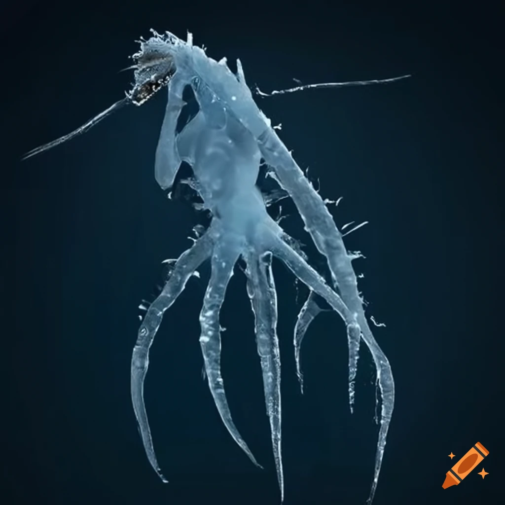 A thin, lean ice insectoid monster made of thin transparent icicles on ...