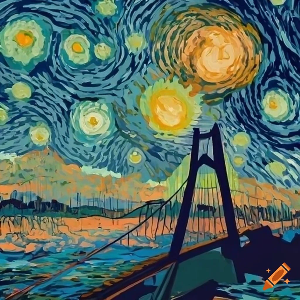 Explosion of color, suspension bridge in silhouette over cliffs and ...