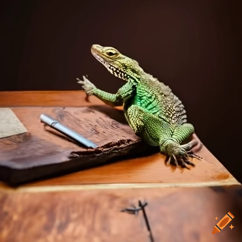 Global view of a lizard resting on an old desk with differents objects ...