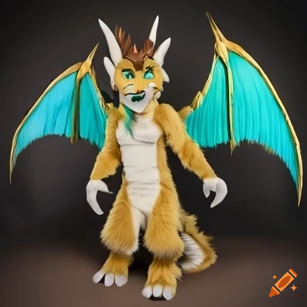 Fursuit of a golden colored anthro dragon with cyan wings and brown ...