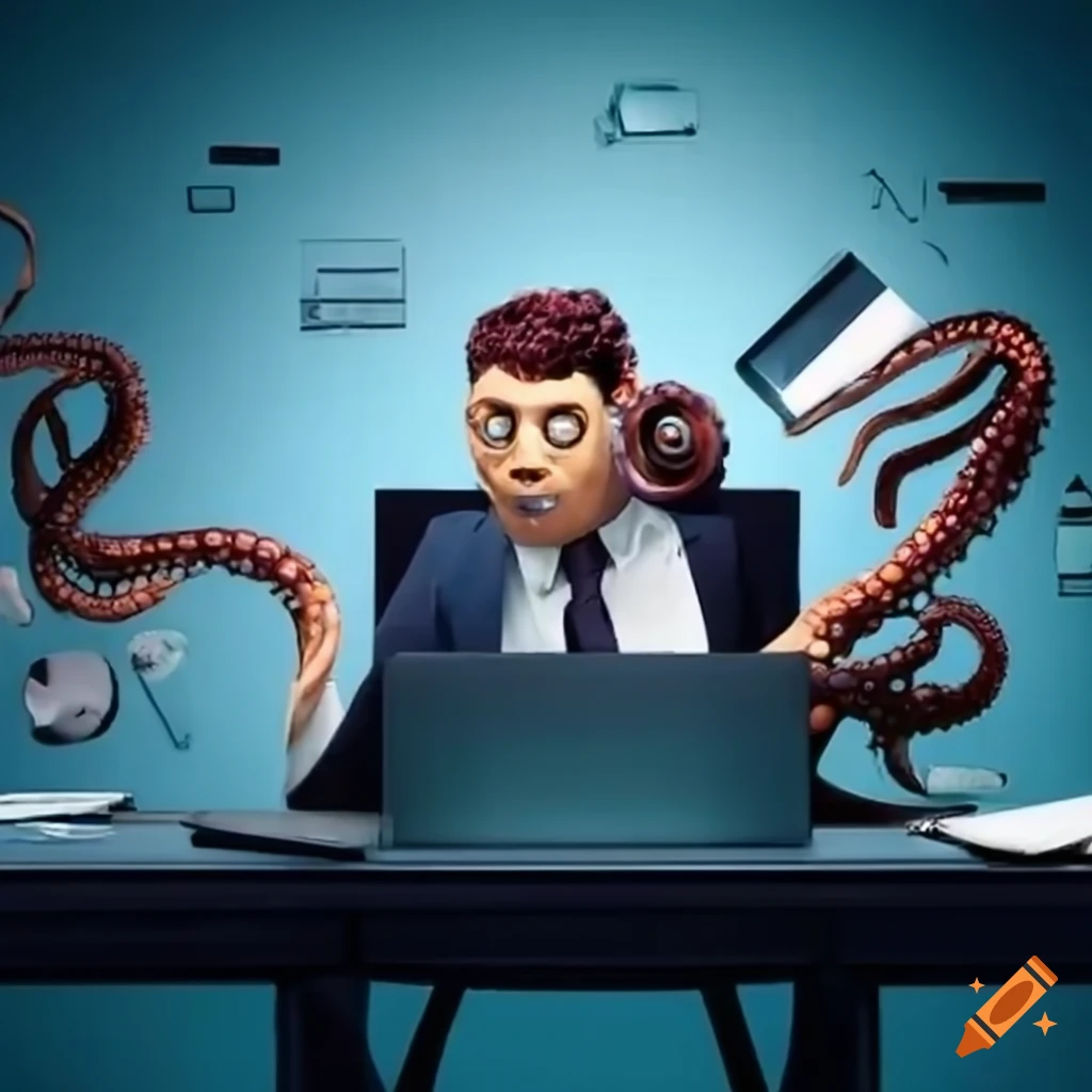 A multitasking businessman-octopus in a busy office cubicle