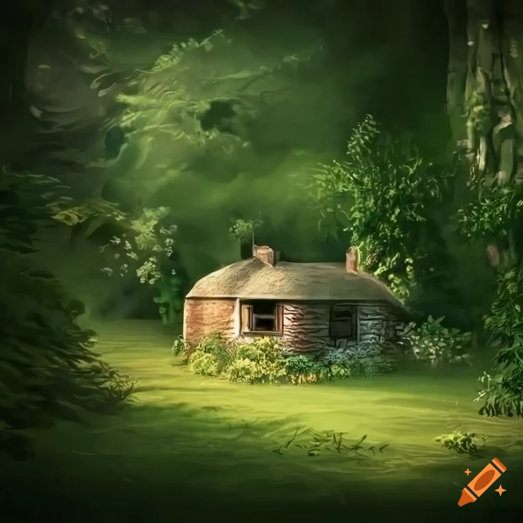 A peaceful digital landscape of a garden with a cob house surrounded by ...