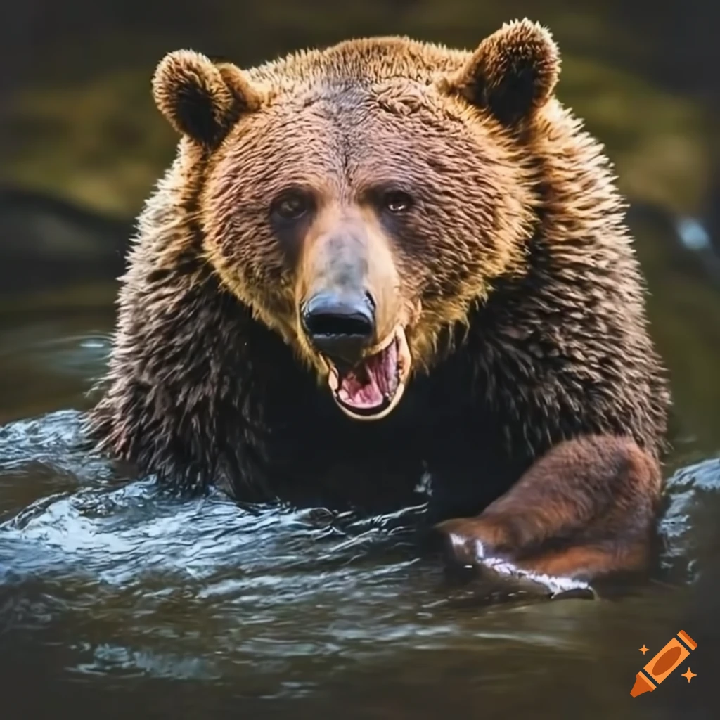Realistic close-up photo of a bear in a stream on Craiyon