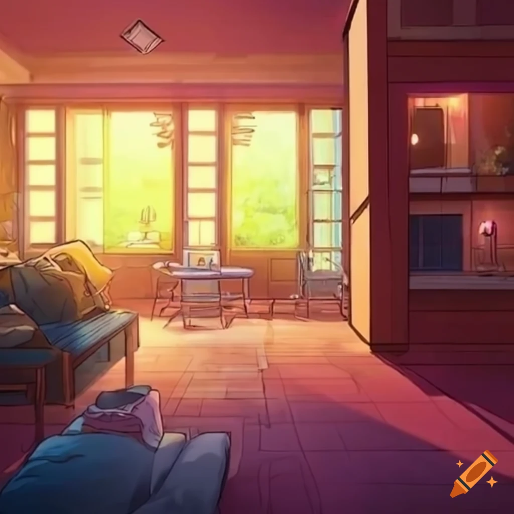 Anime inside a living room and a backyard outside the small glass window