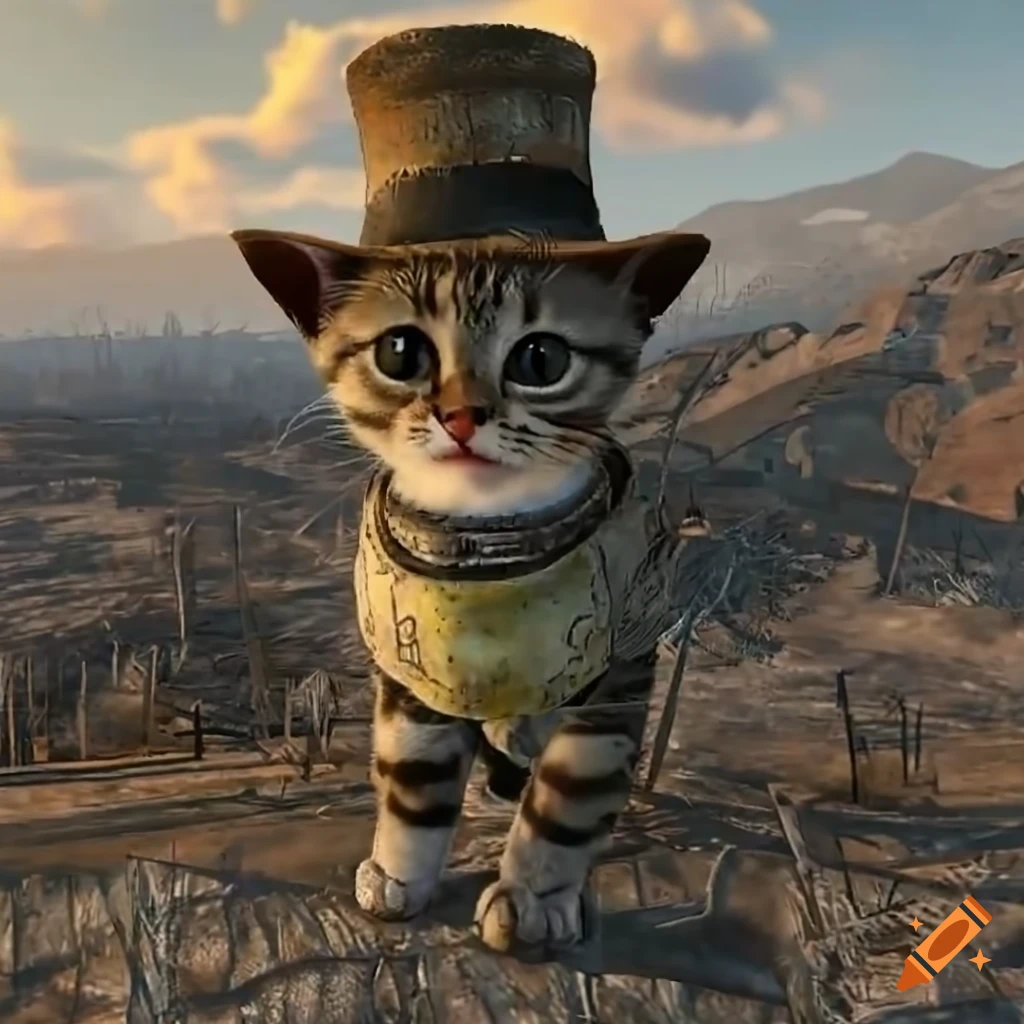Tiny kitten in fallout 76 with a hat