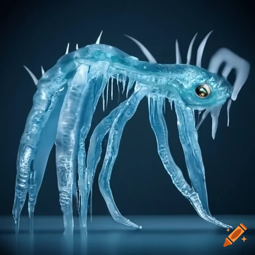 A thin, lean ice insect monster made of thin transparent icicles