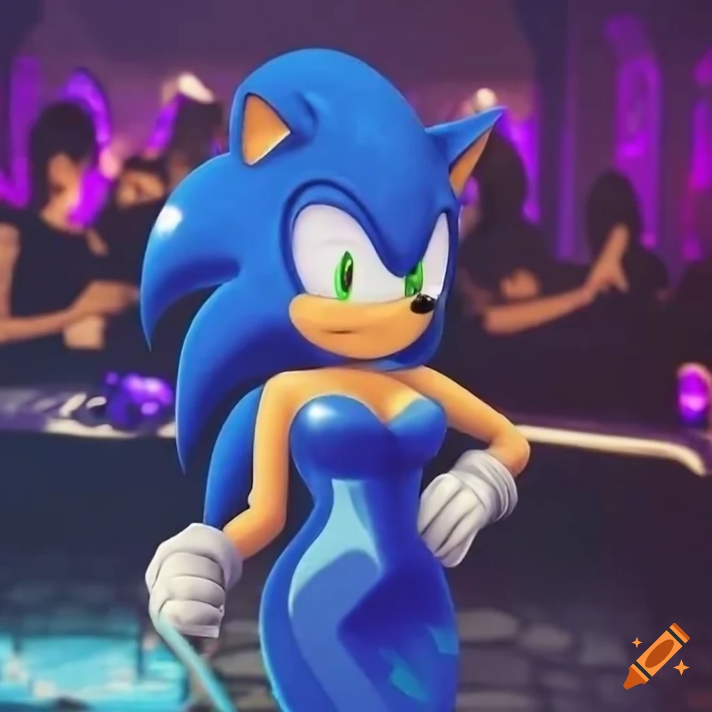 Female Sonic the Hedgehog wearing a blue sparkling dress on a nightclub ...