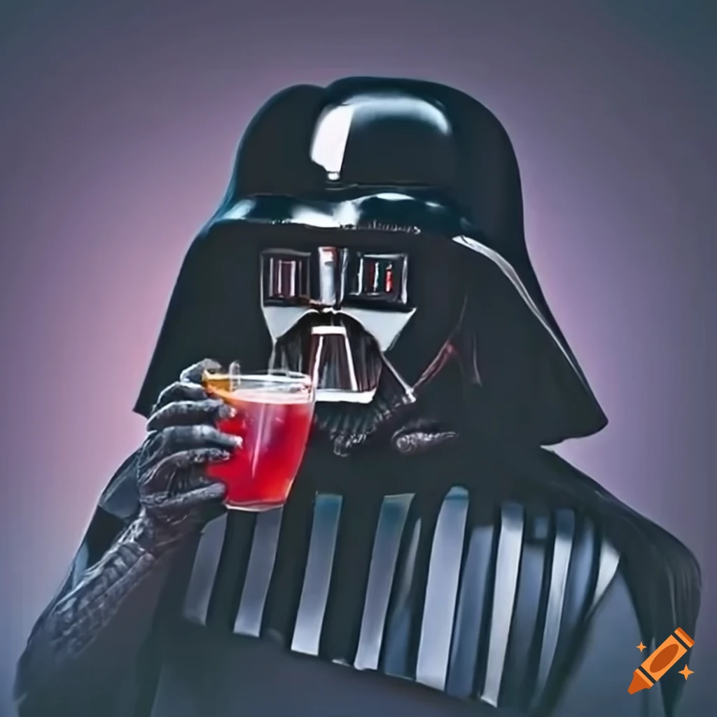 A person dressed as darth vader enjoying a drink on Craiyon