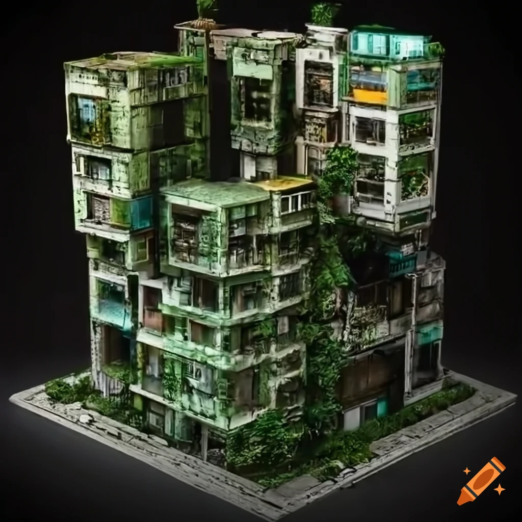 Small kowloon blocky housing unit, cyberpunk dystopian, in a rainforest ...