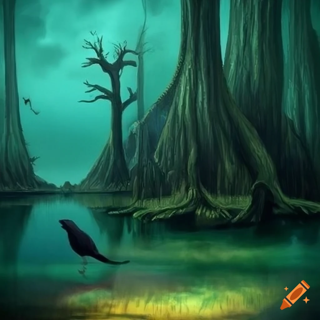 Landscape surrealist birds soft colors trees lake swamp prehistoric t ...