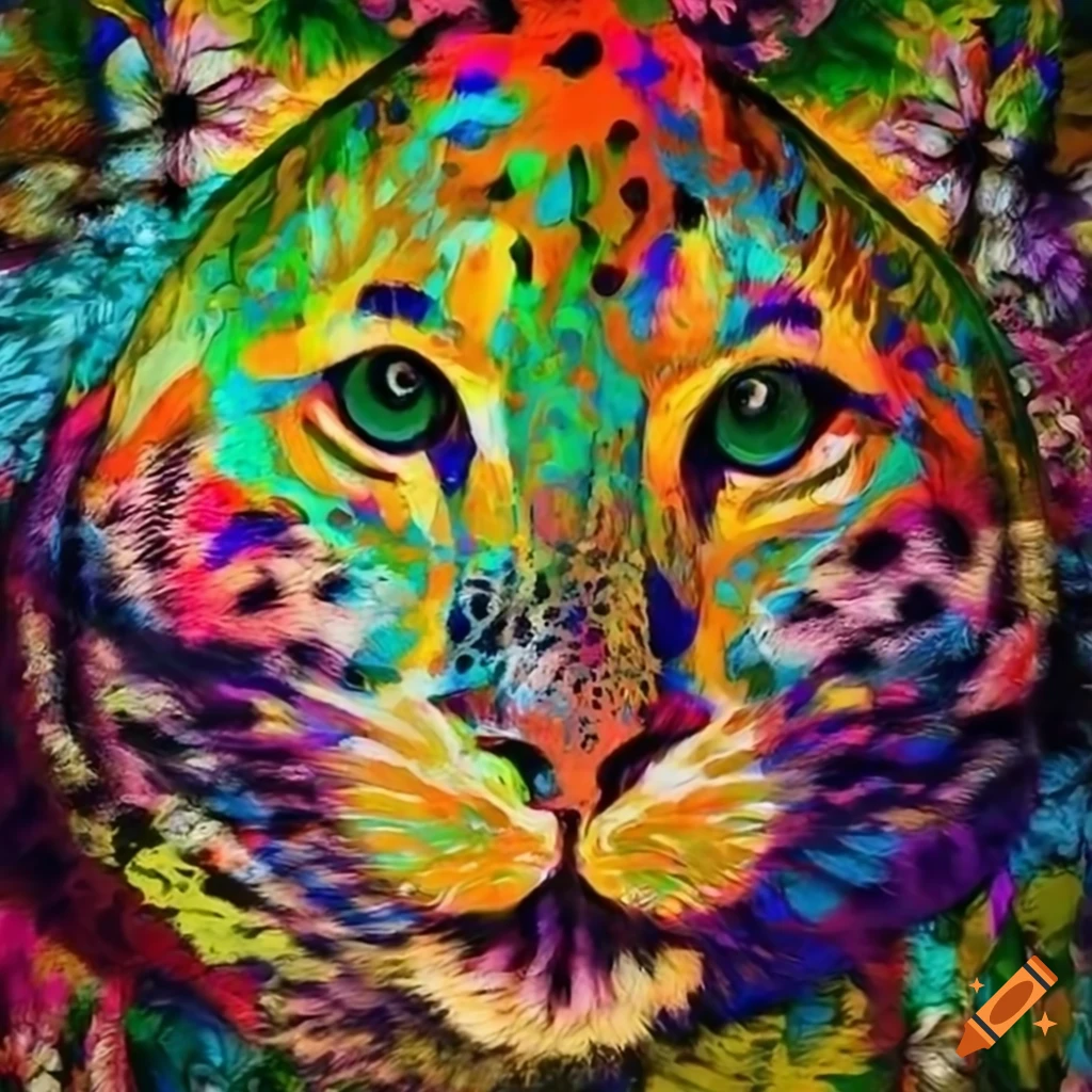 Colorful abstract art of a feline in a vibrant rainforest
