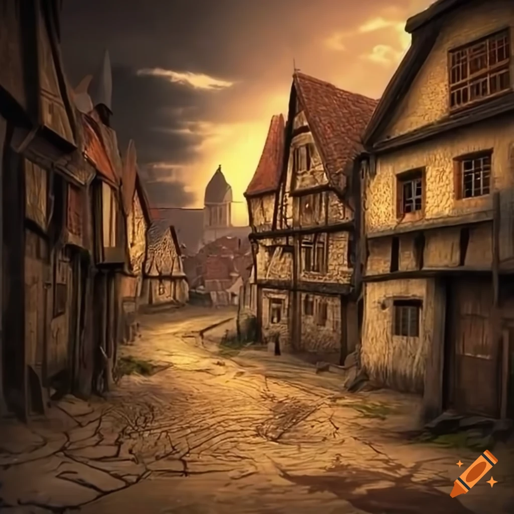 Medieval town, many people, land, forest, light, hill