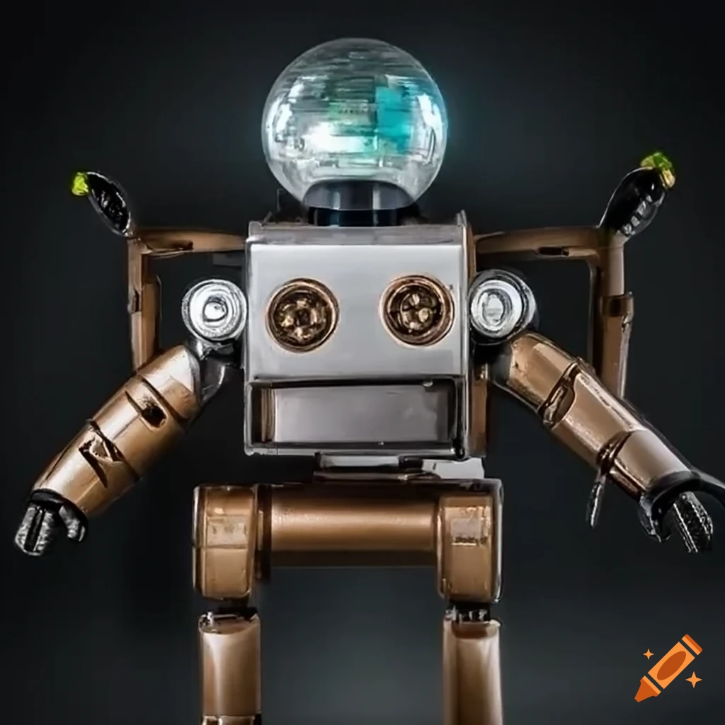 Grey and brown robot with crystal ball for a head on Craiyon