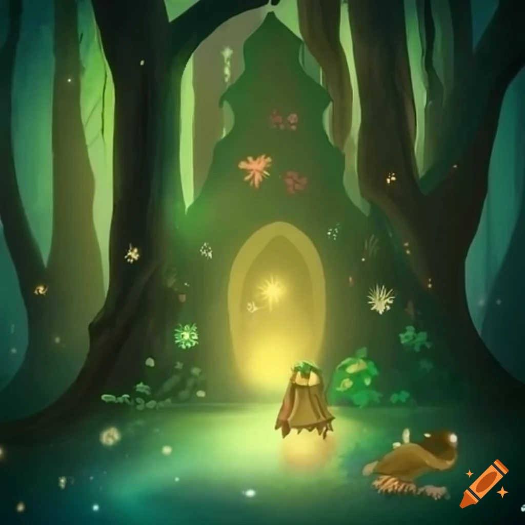 Enchanted forest, a place filled with towering trees, shimmering ...