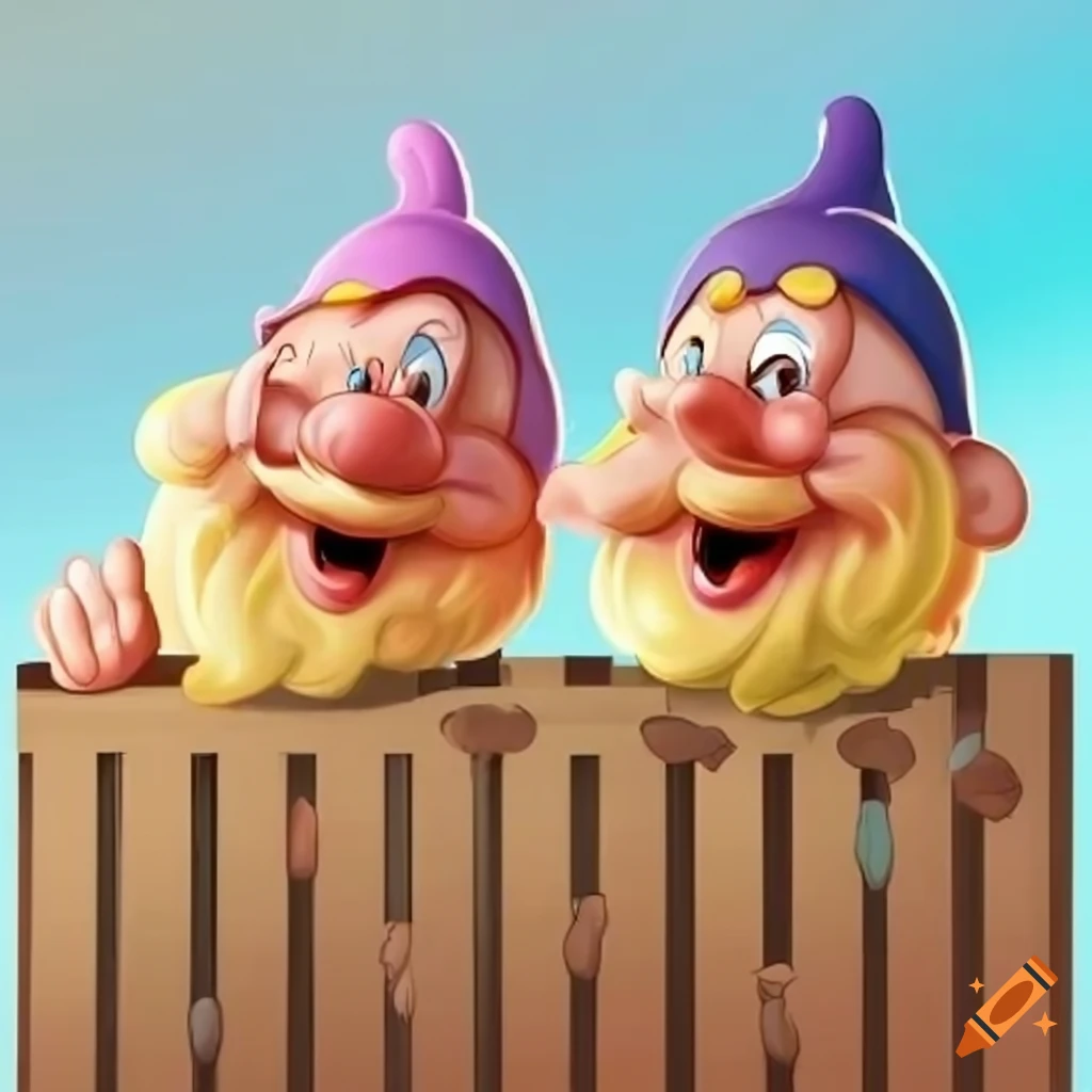 Cartoon image of three dwarfs at the fence looking up