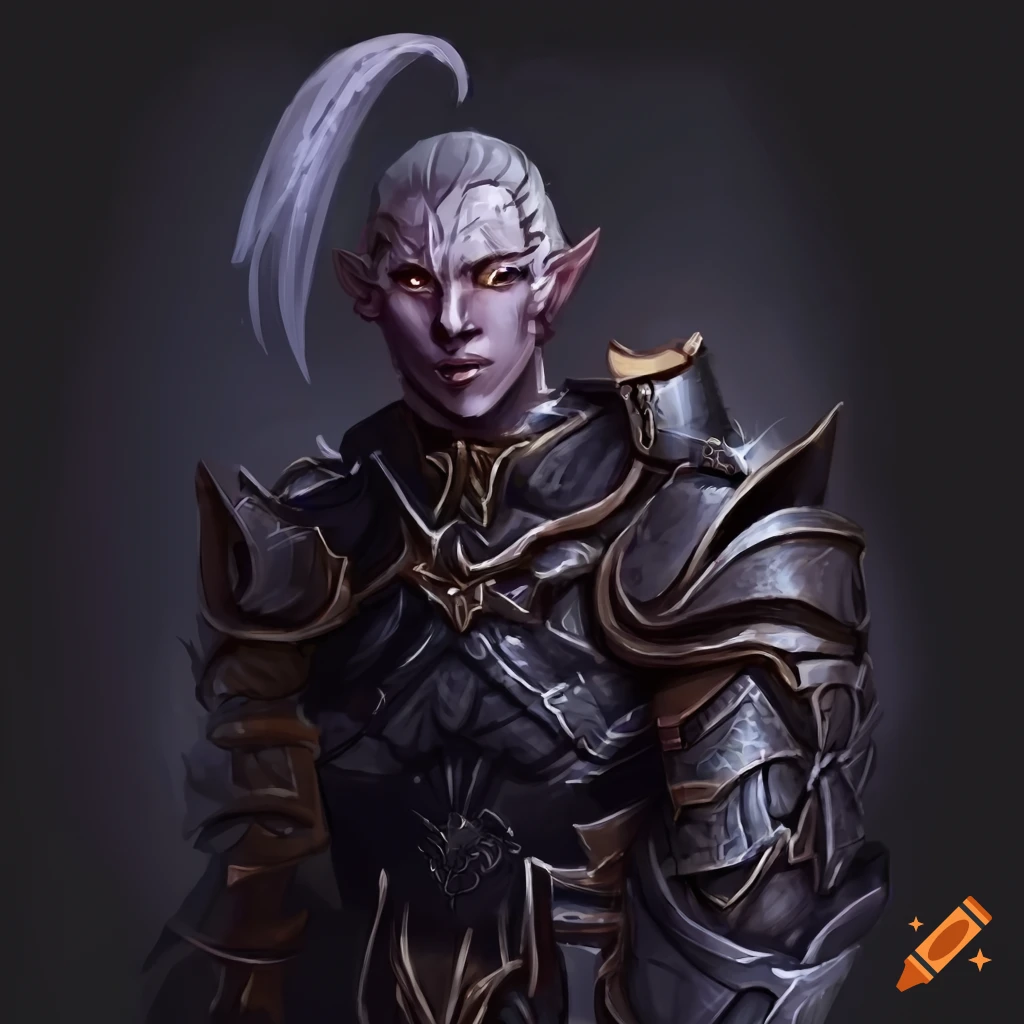 A fierce male dark elf paladin wielding a flail, with ashen skin and ...