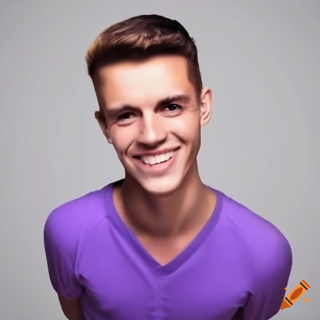 Guy in purple shirt smiling white background on Craiyon