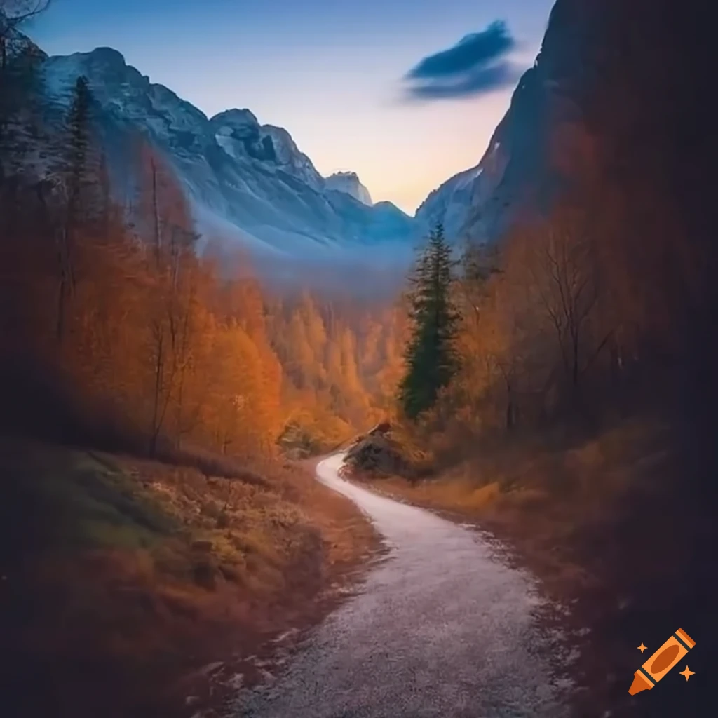 A serene path winding through majestic mountains during sunset