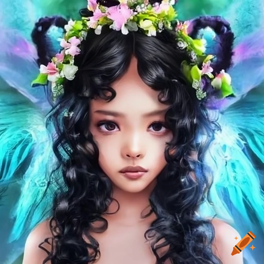 Filipino fairy with a perfect angelic face, long black curly hair, with ...