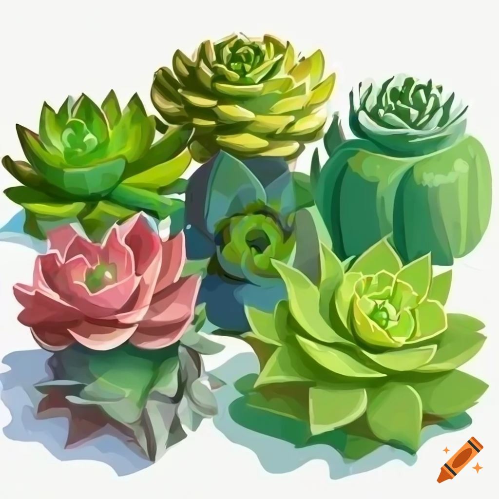 Cartoon succulent varieties and a white background on Craiyon