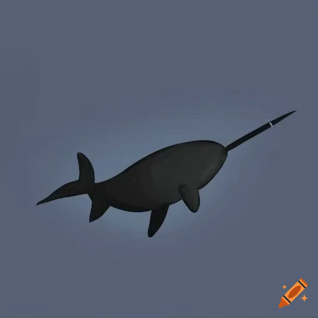 Minimalist black shadow of a narwhal, flat, perspective, black on clear ...