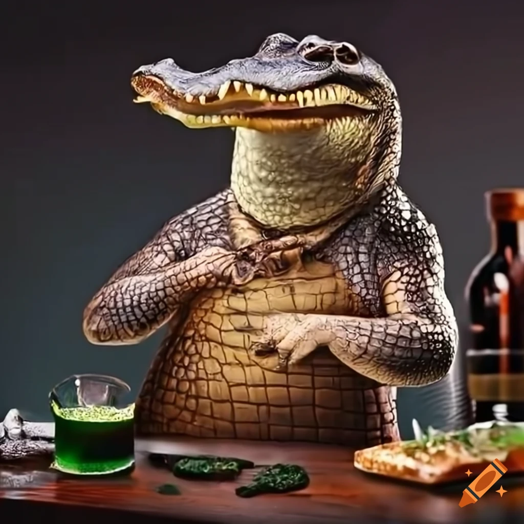 Hyperrealistic alligator working as a bartender preparing a cocktail