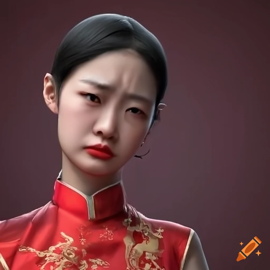 Nice chinese young woman, with a sad smile, wearing red chinese dress ...