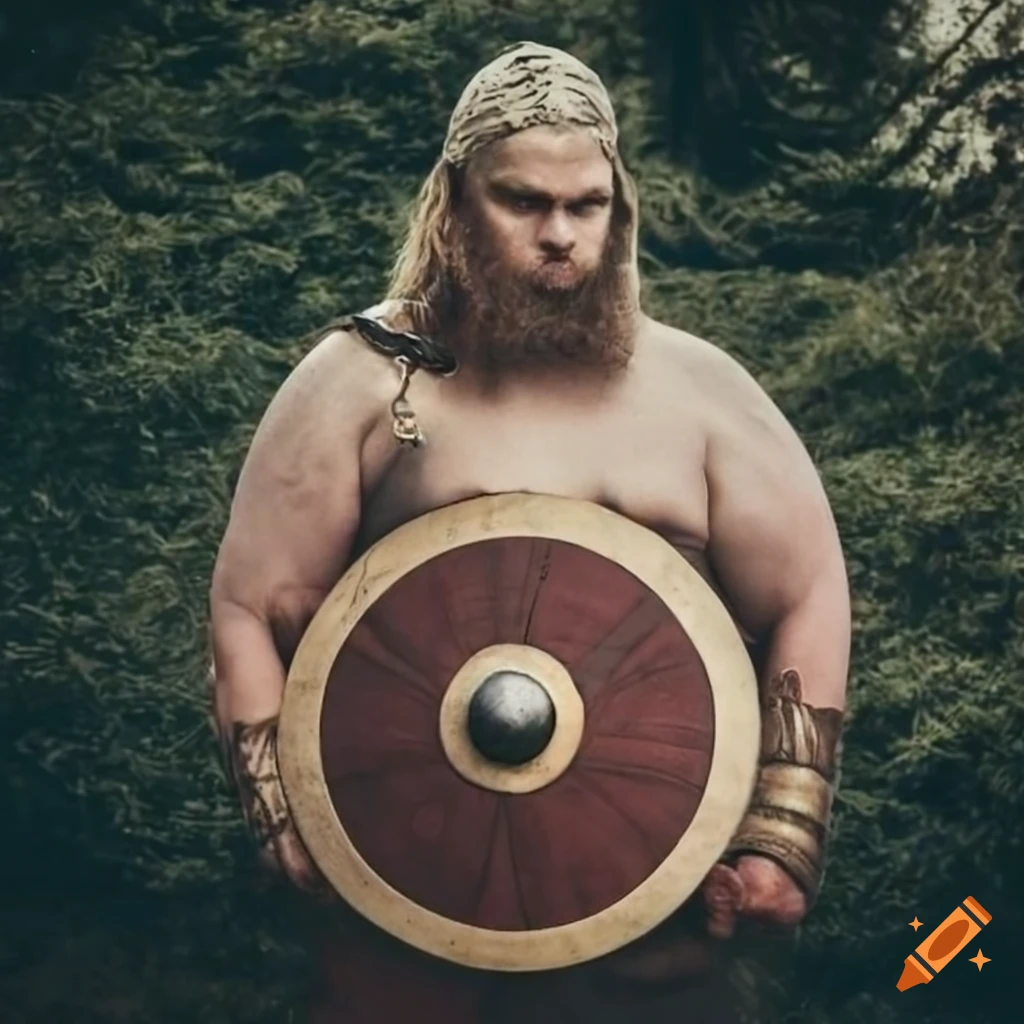 Fat viking warrior with a raven drawing on the shield on Craiyon