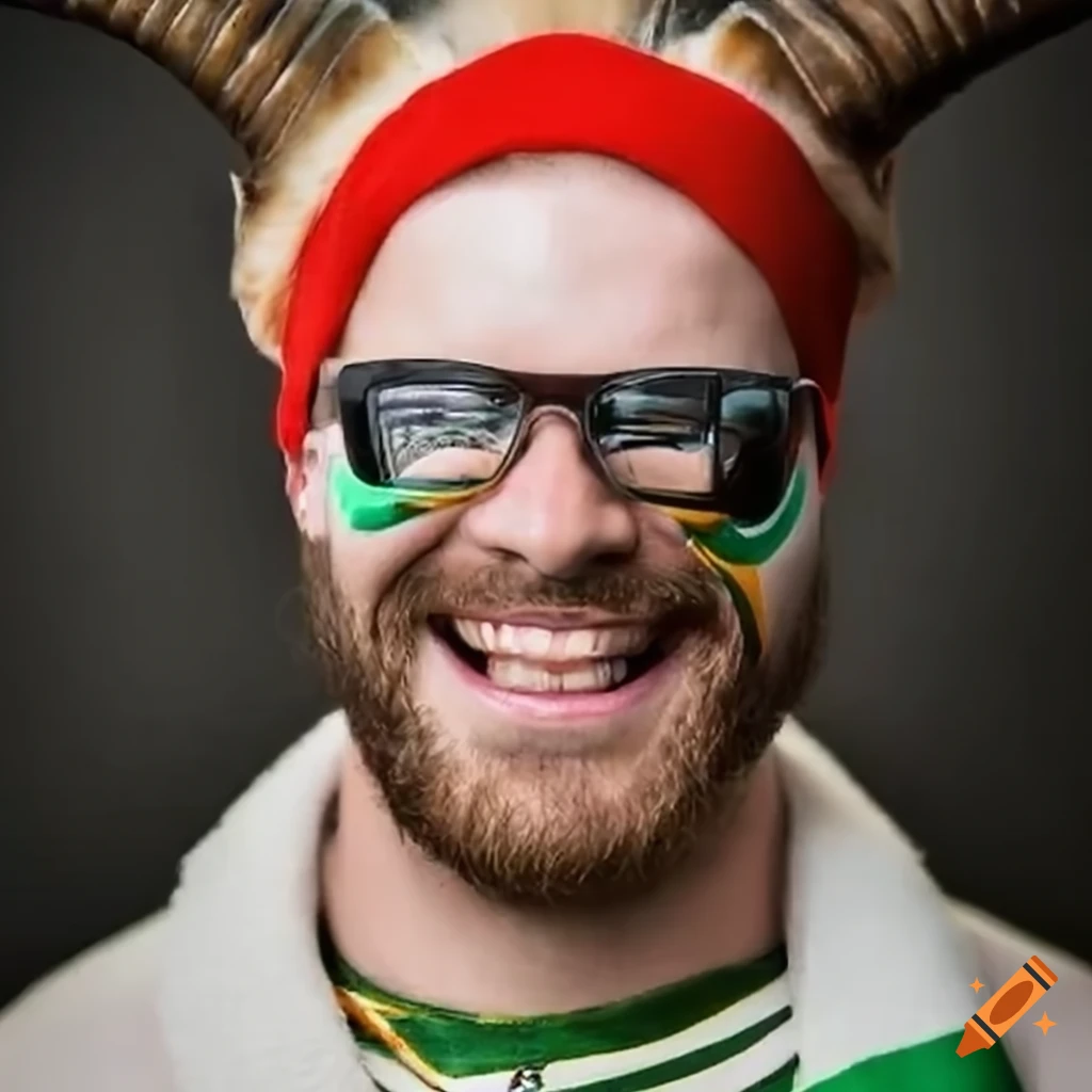 Smiling springbok supporter with green springbok cap and goatee on Craiyon