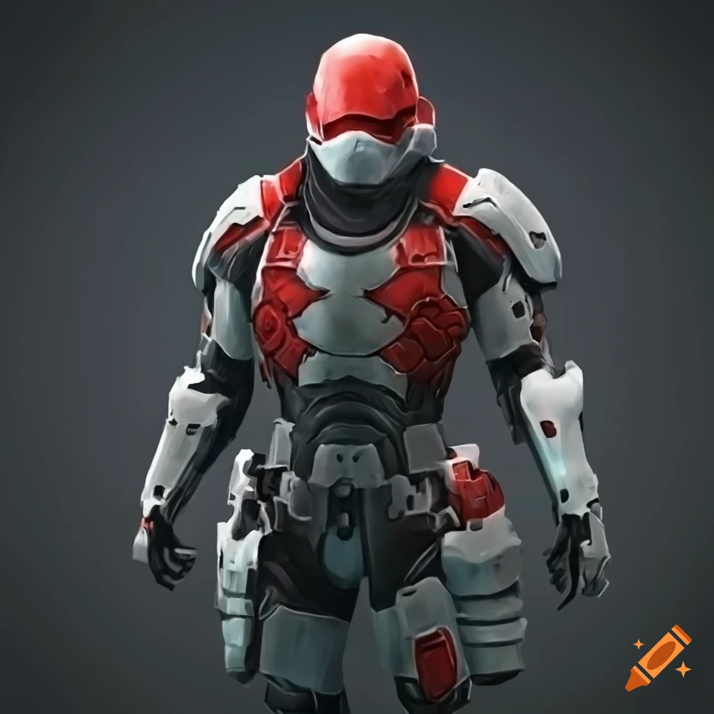 Futuristic soldier white armor with red elemets