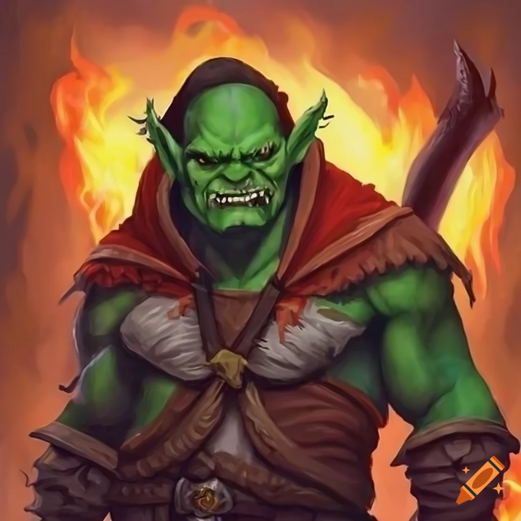 Orc wearing a cloak with a hood by a fire