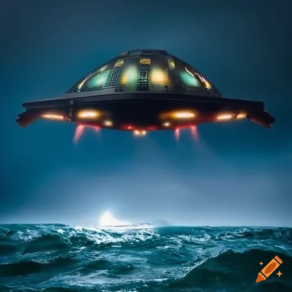 A giant flashing alien spaceship emerging from a stormy sea on Craiyon