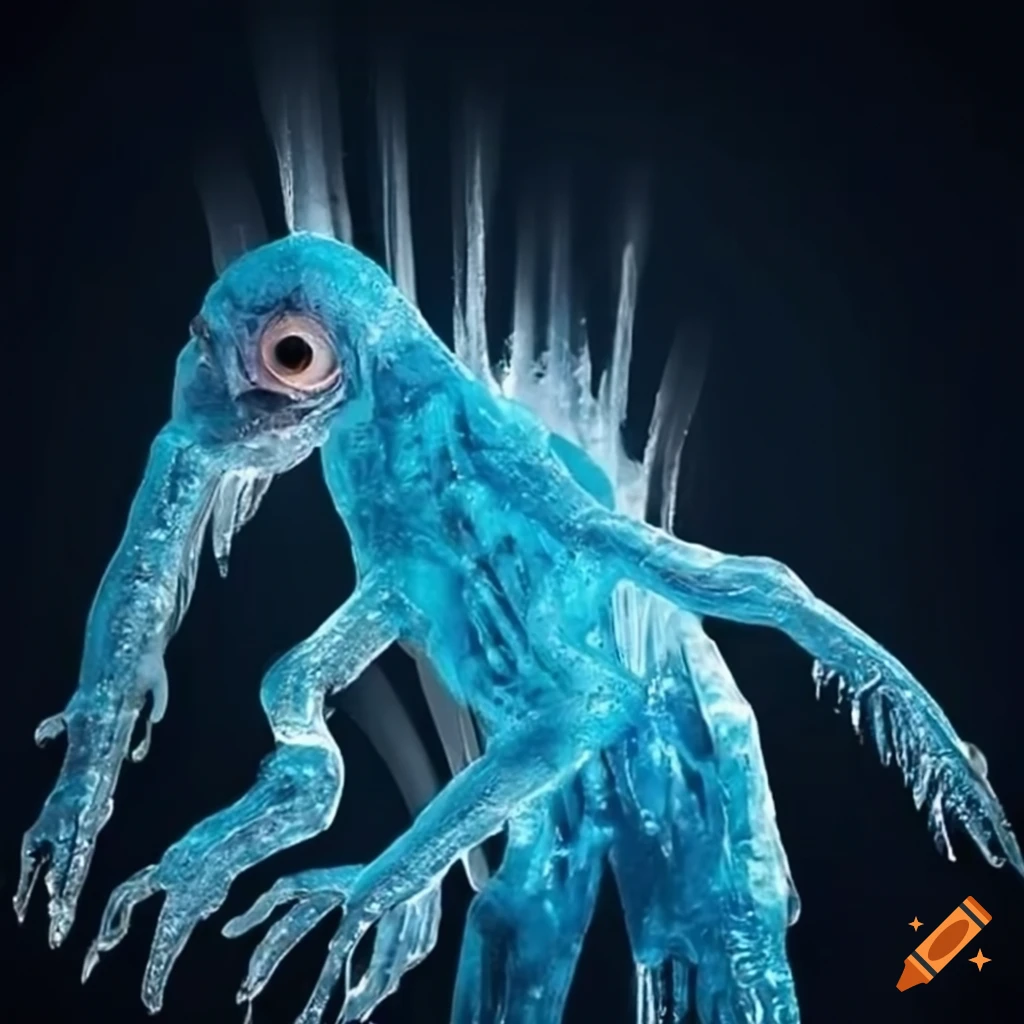 A scary ice monster made of thin transparent icicles. it's the shape of ...