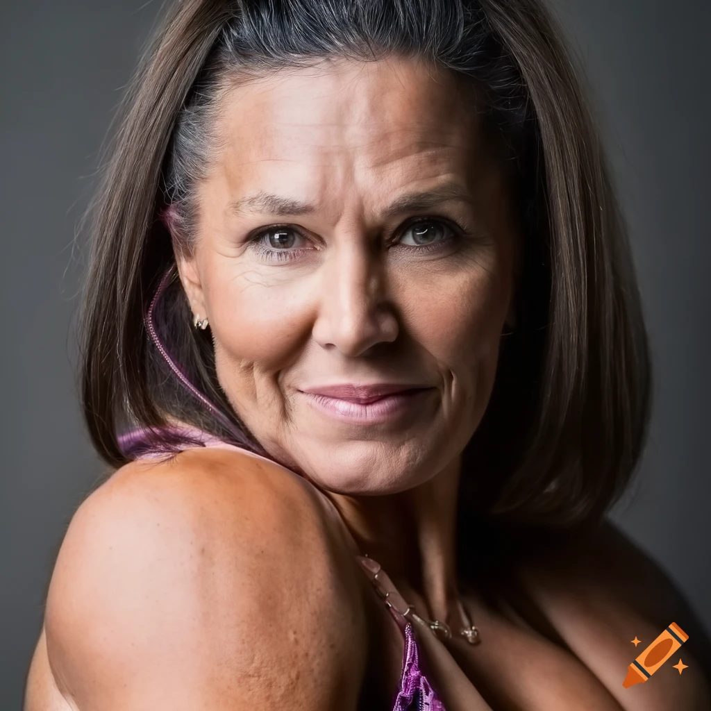 Photorealism, Close-up portrait titled "muscular mature female ...