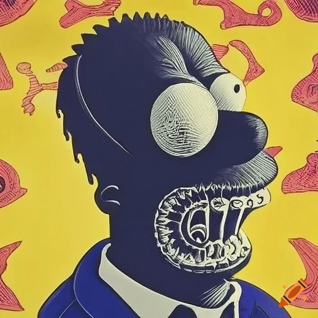 Homer simpson woodcut by mc escher on Craiyon