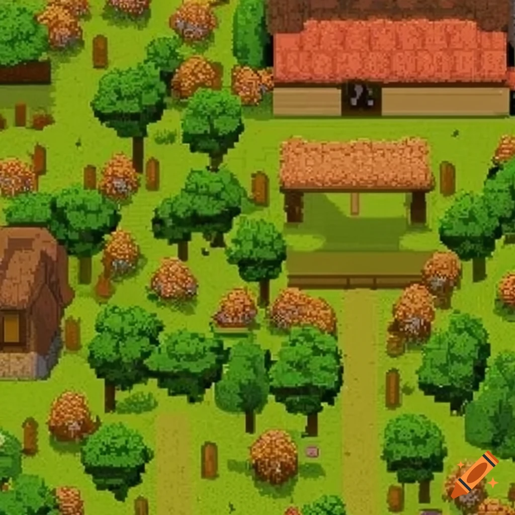 Detailed autumn village pixel art tileset for rpg game