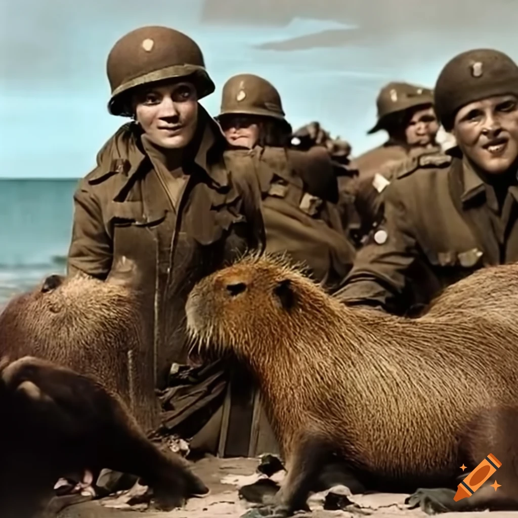 Capybara soldiers storming beaches on d-day, colorized photography from ...