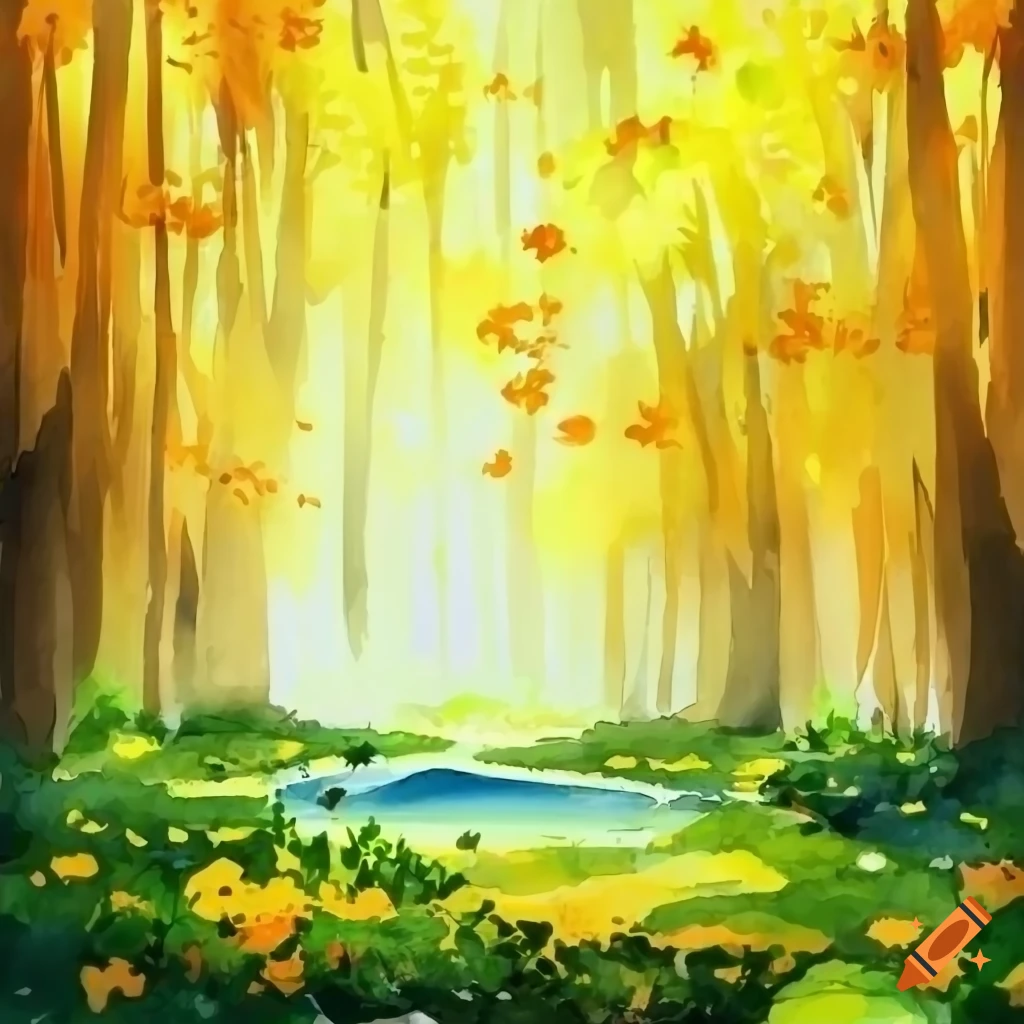 Natural pond in forest of golden trees, anime, watercolor, serene on ...