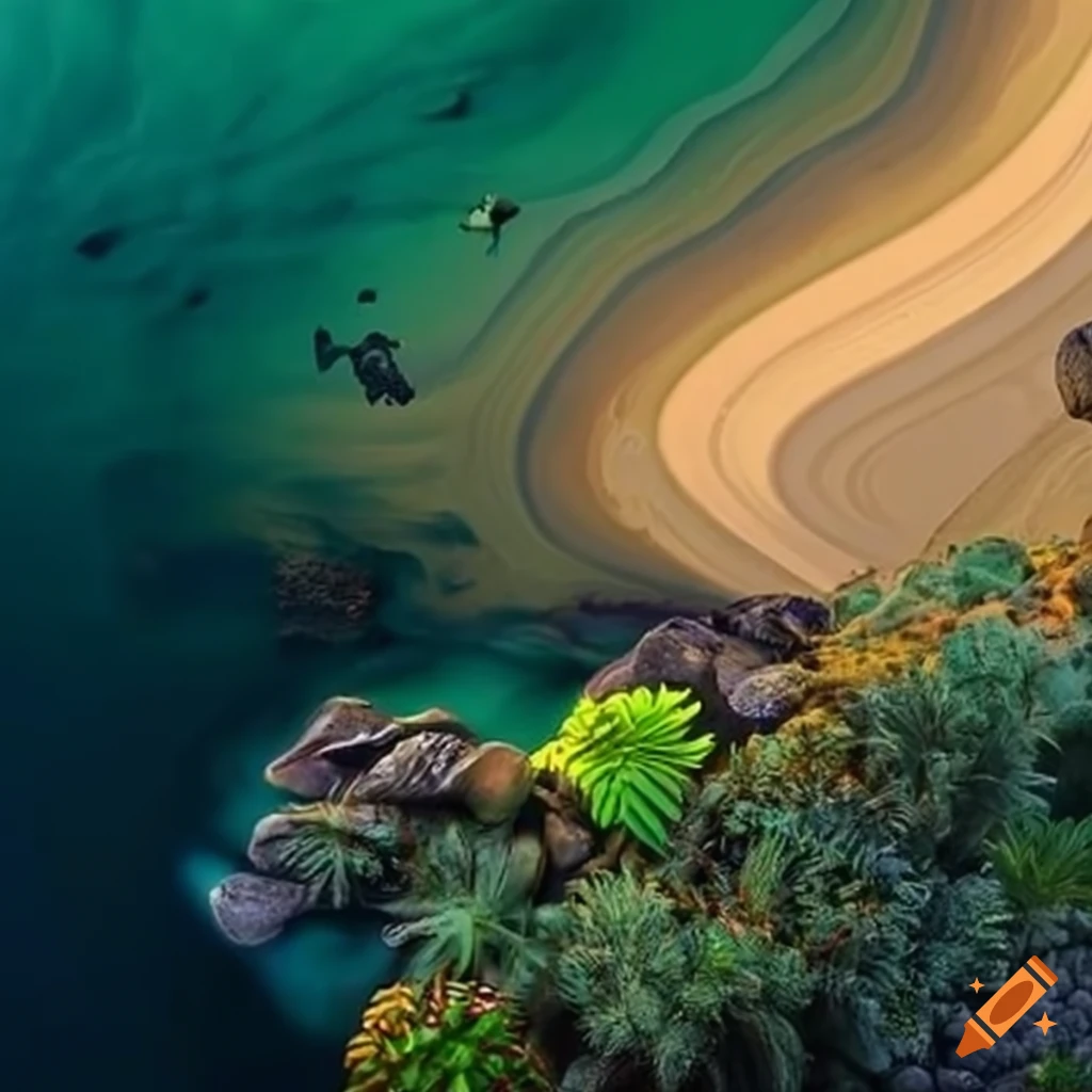 Exotic landscape on Saturn's beach with strange plants and animals on ...