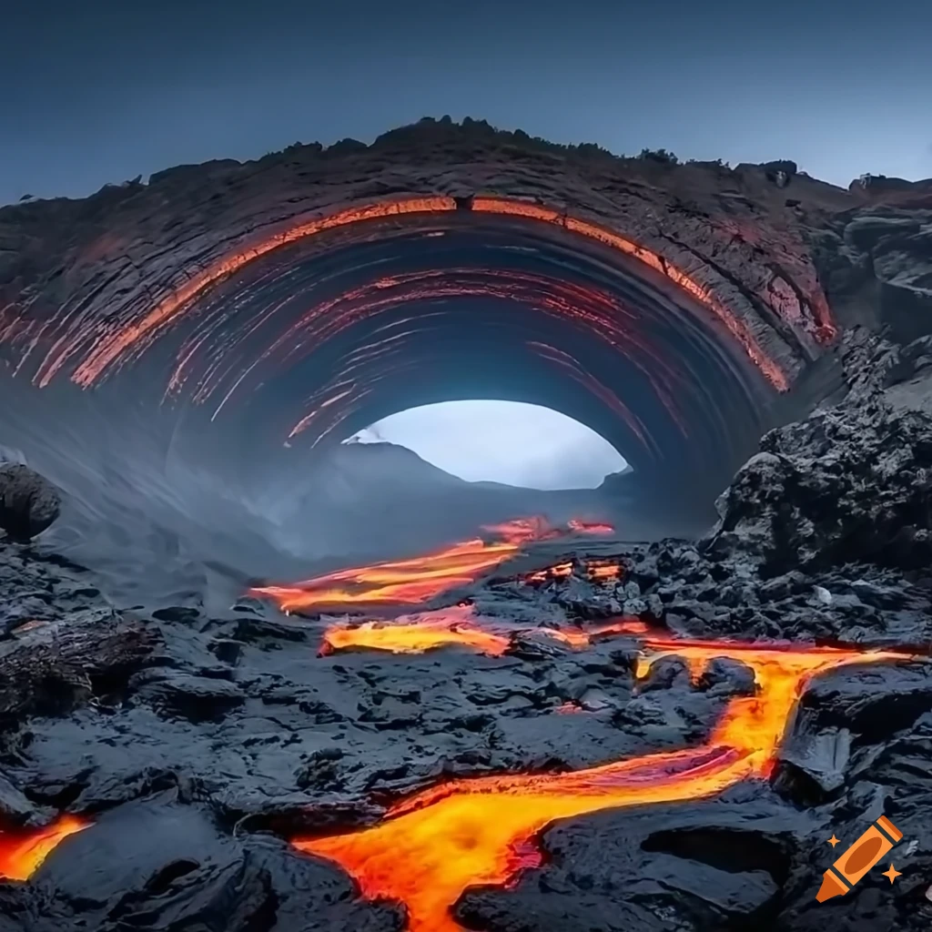 Tunnel bridge over a lava river in the nigth on Craiyon