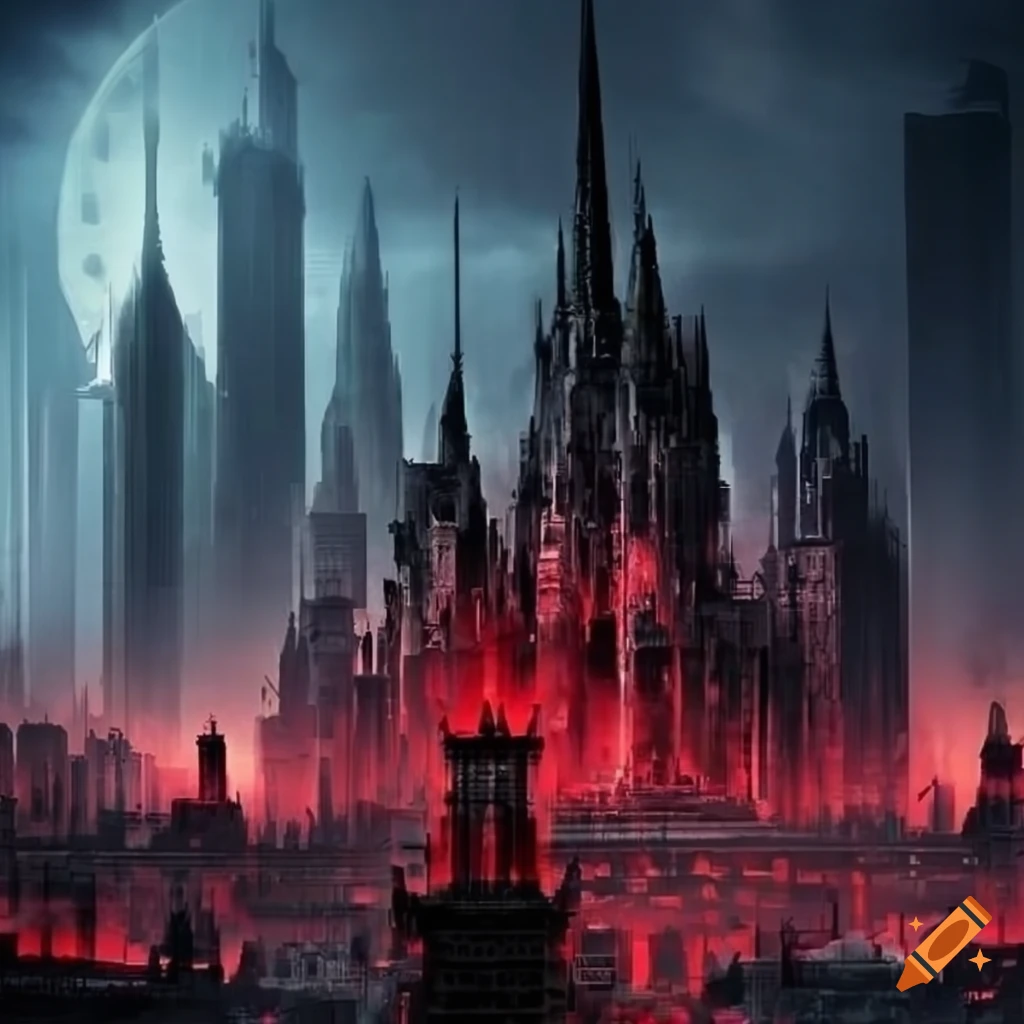 Dark gothic futuristic city black and red skyscrapers on Craiyon