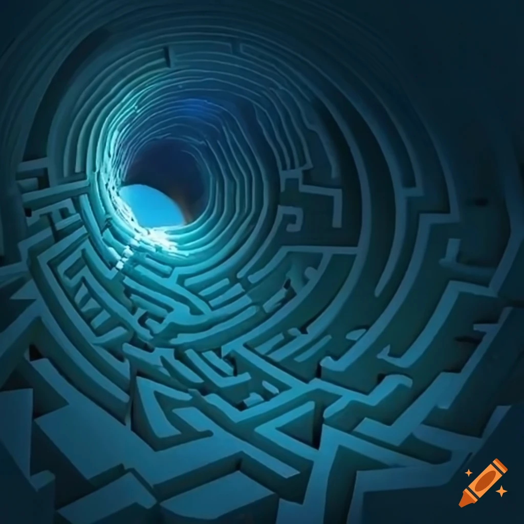 Individual navigating through a maze with scripts or papers falling ...