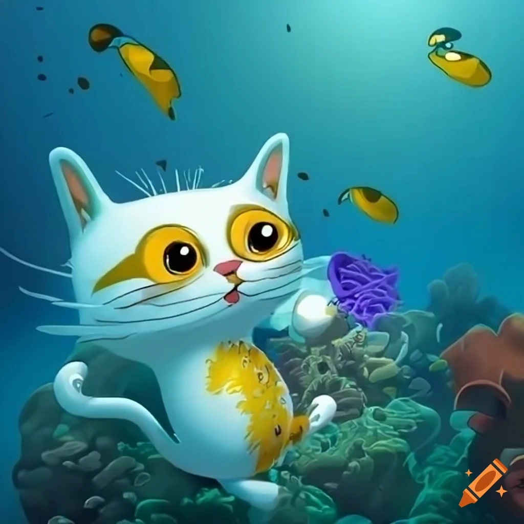 Cartoon transforming cat into a reef on Craiyon