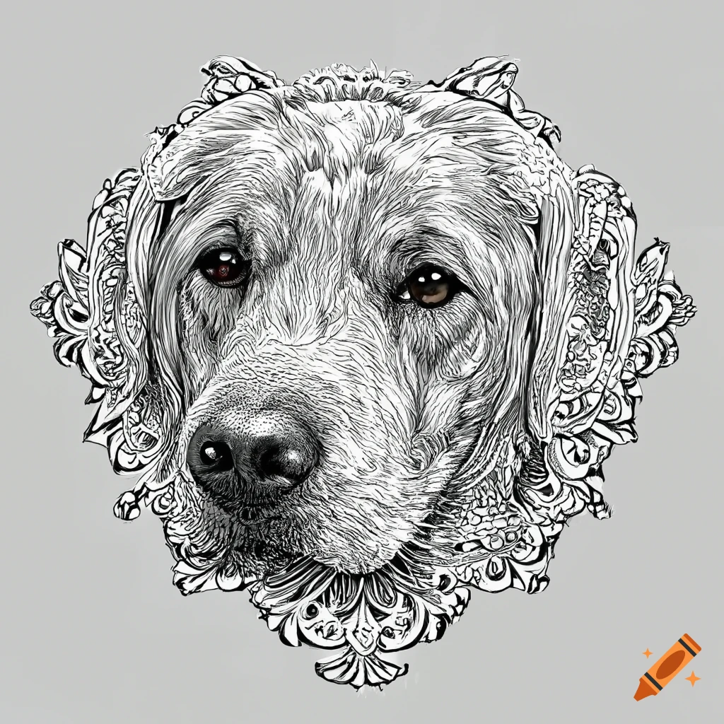 Colouring pages, mandala, dog image (golden retriever), white background