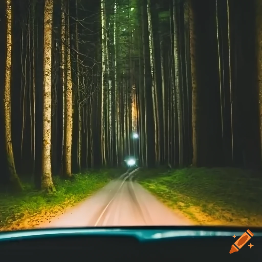 Night view through a car window in a serene forest on Craiyon