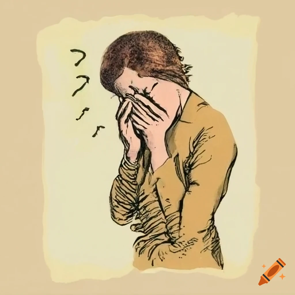 Vintage drawing in colour of a person sneezing on Craiyon
