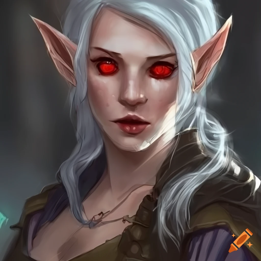 Bobbed silver haired elf rogue with red eyes, a fringe and freckles on ...