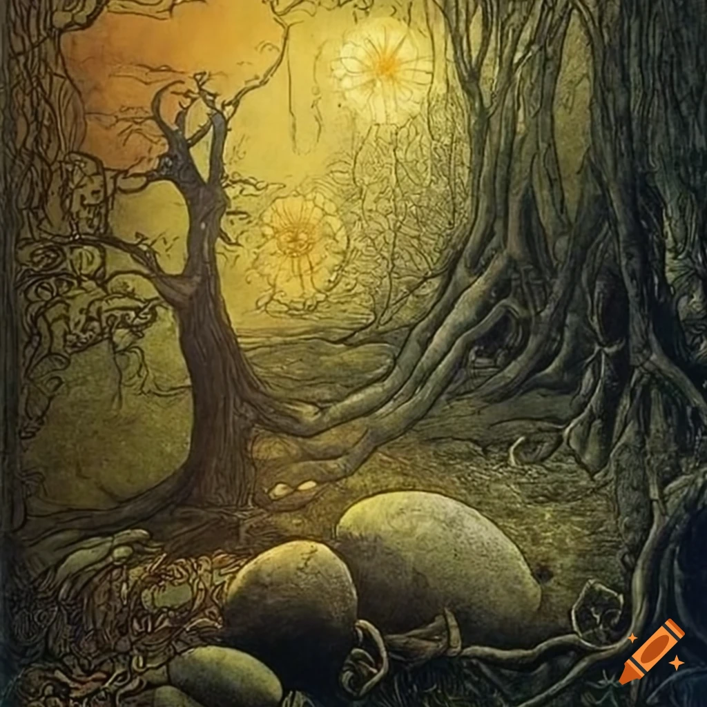Dandelion Trees. Totems and runes carved into rocks and boulders ...