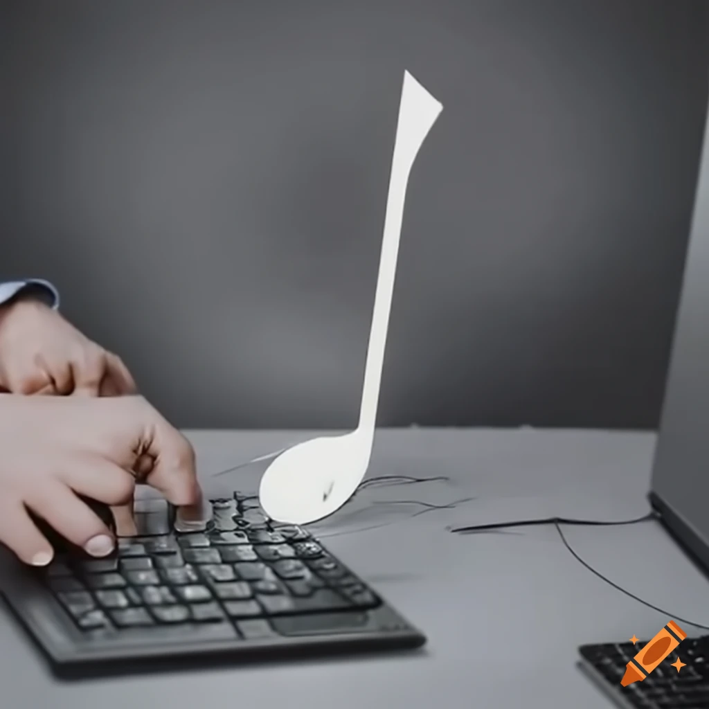 A giant music note floating above an office worker working at his desk ...